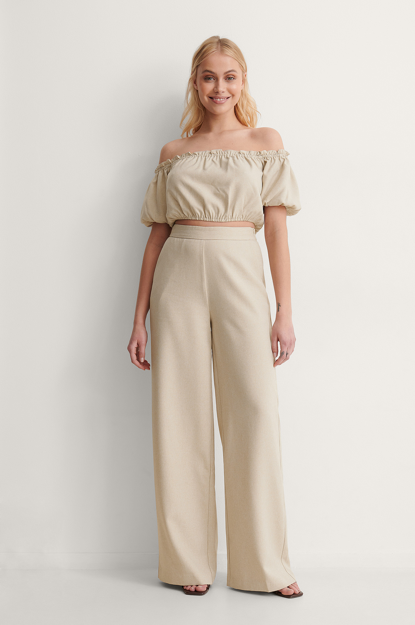 Off Shoulder Puffy Sleeve Top Beige Na