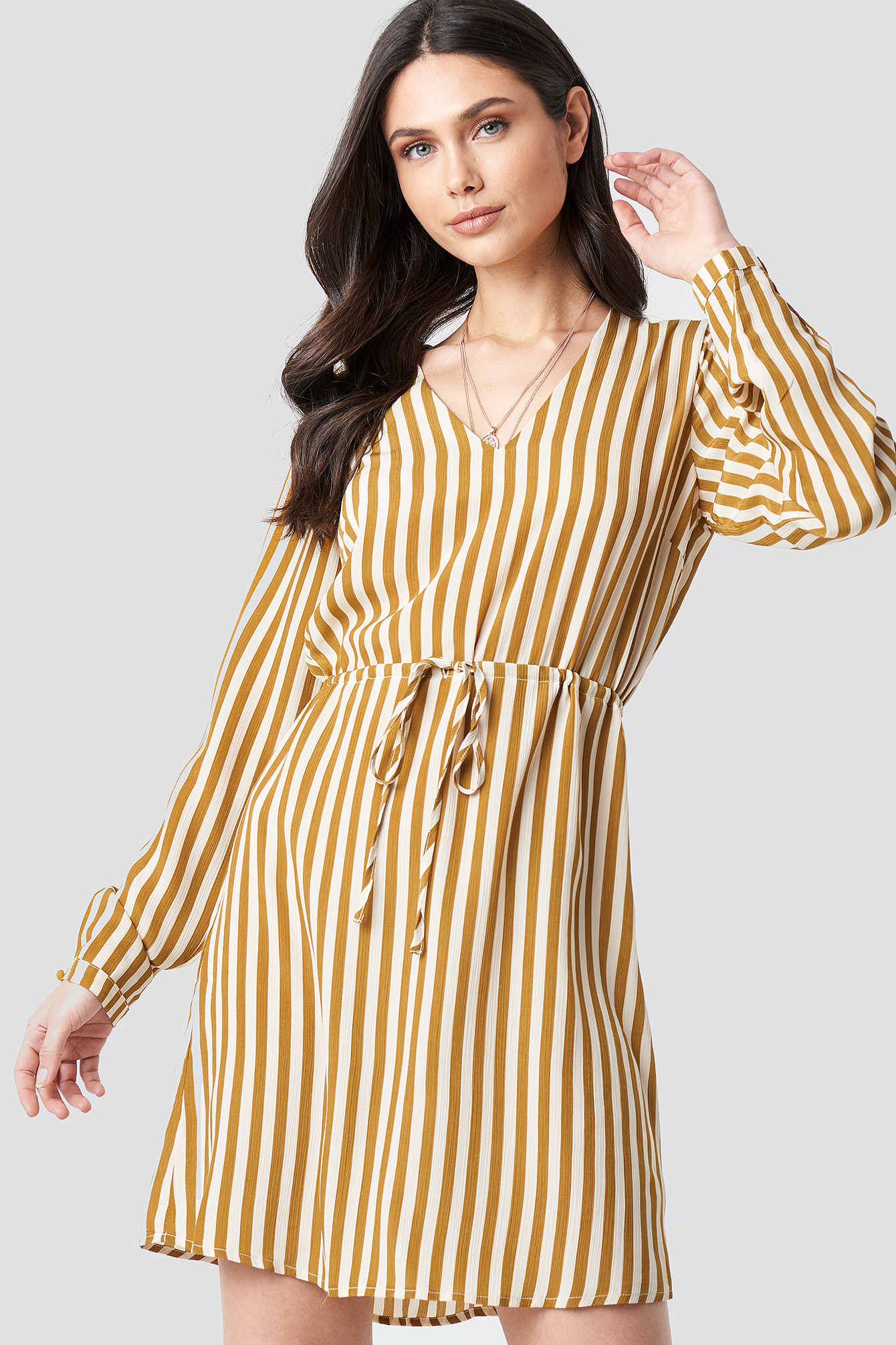 Drawstring Waist Striped Dress Żółty