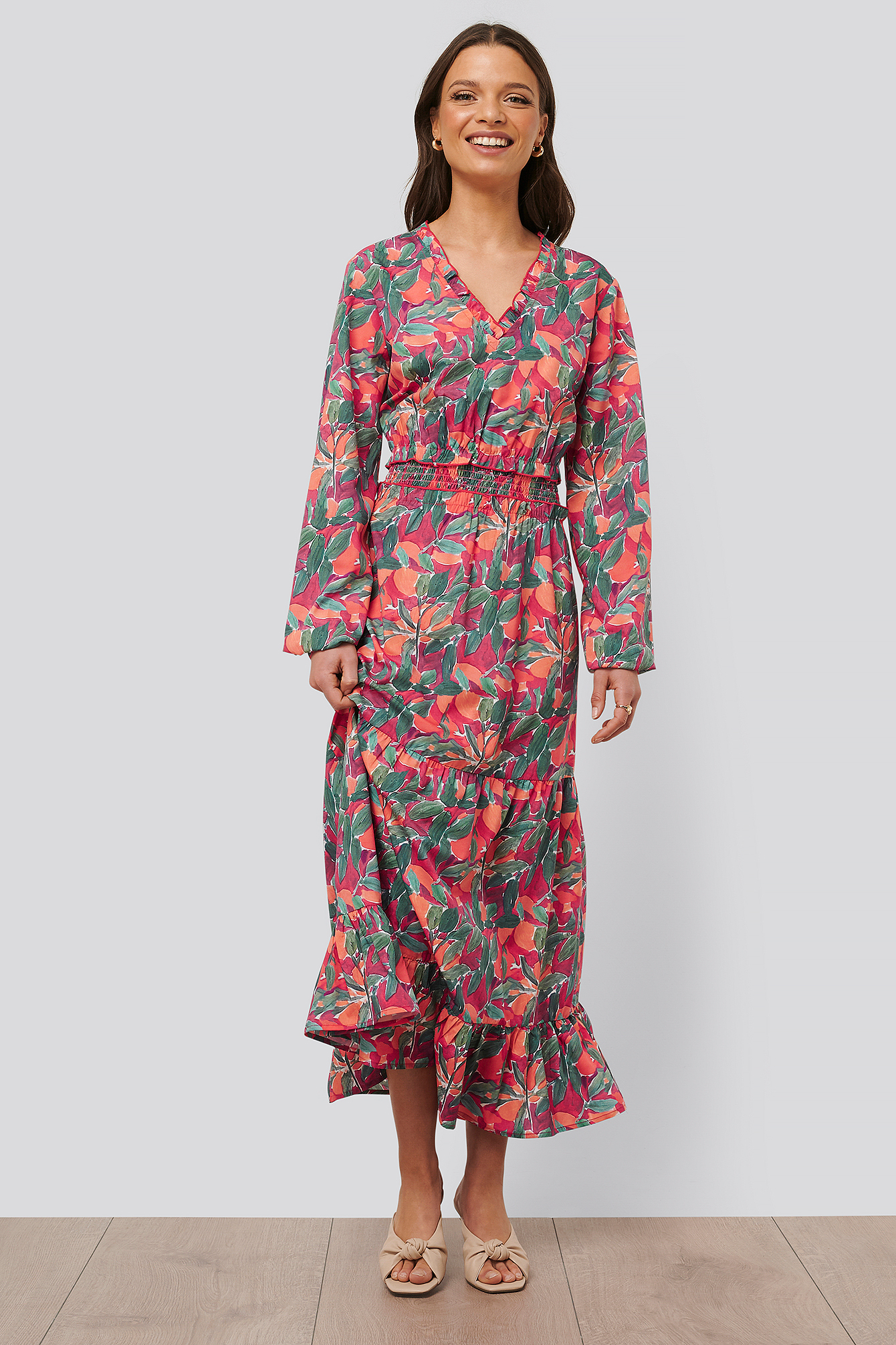 Ruffle Details Flowy Midi Dress Multicolor Na