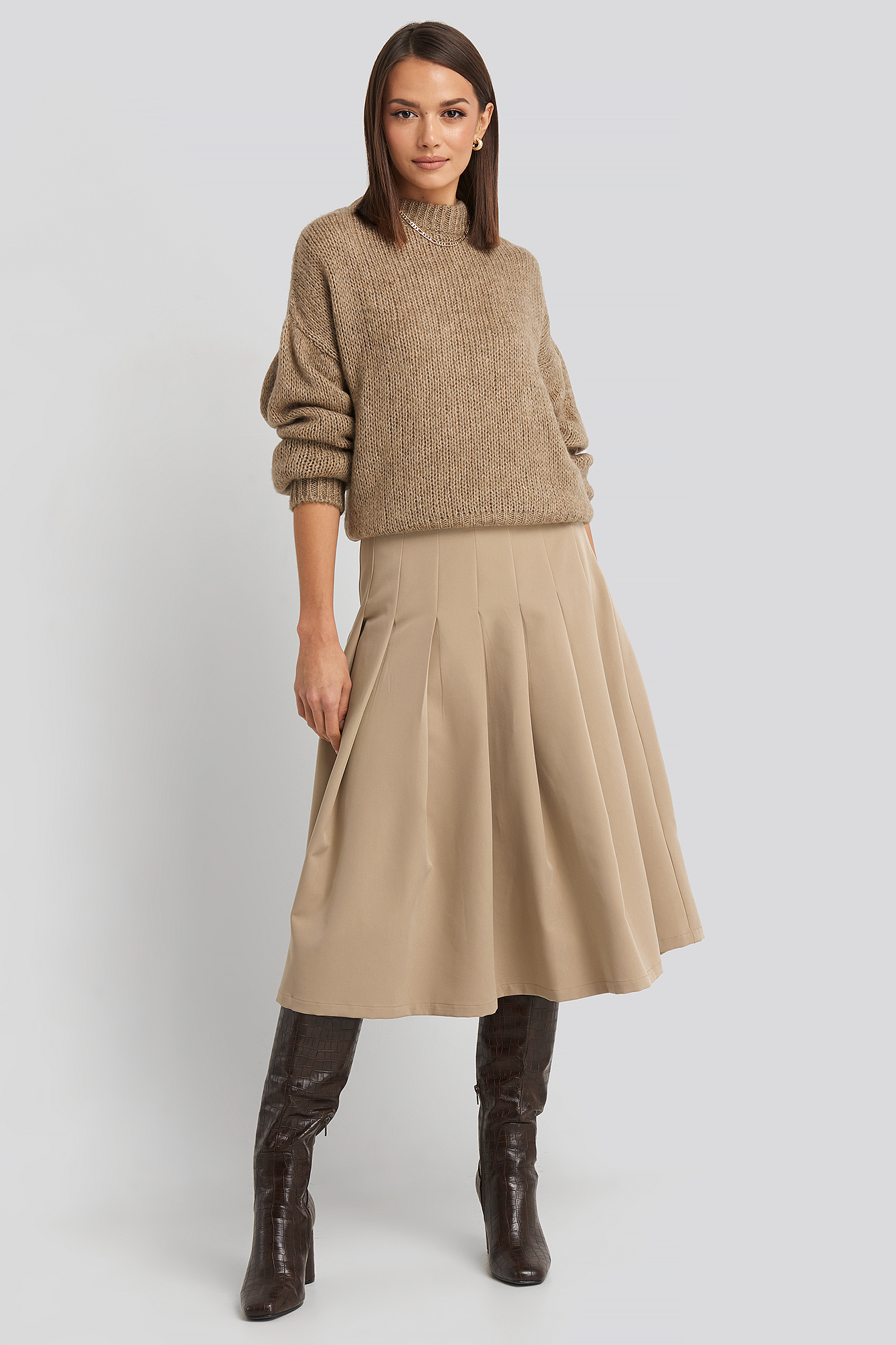 Tailored Pleated Midi Skirt Beige Na