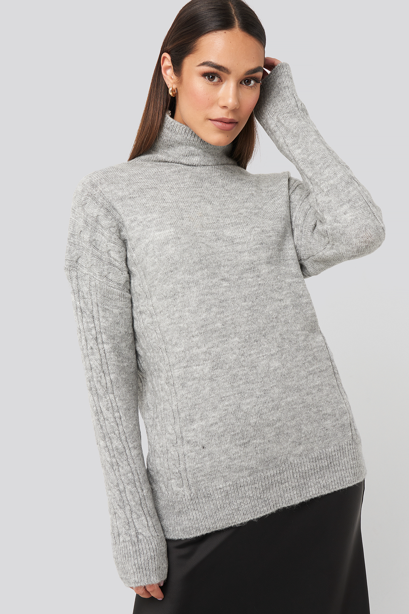 Turtleneck Sleeve Detailed Knitted Sweater Grey 